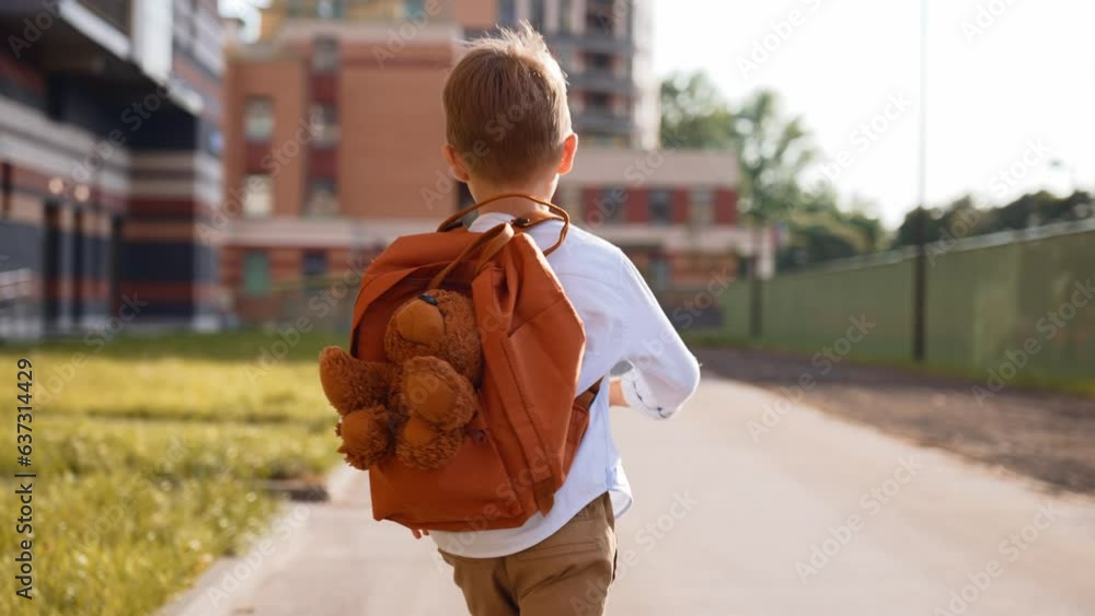 Preschool boy go to school in uniform, shirt with backpack. Baby ...