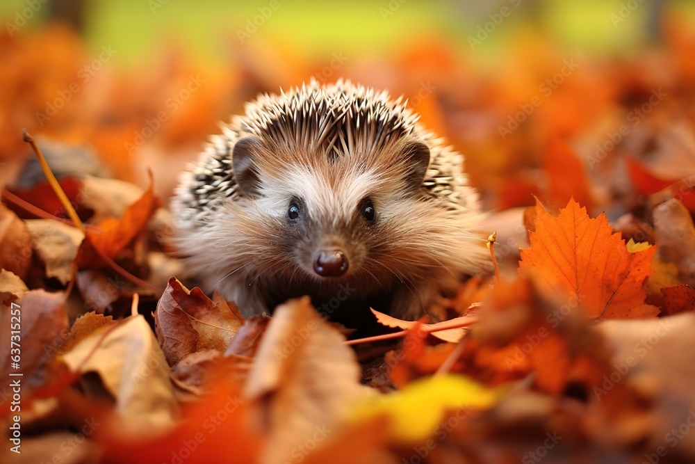 Igel im Laub. Herbst Hintergrundbild mit Tieren. Ein Igel am Waldboden ...