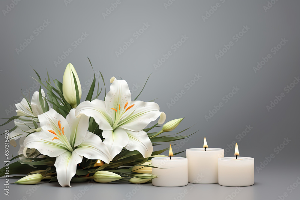 Funeral banner design featuring burning candles and white lilies on a ...
