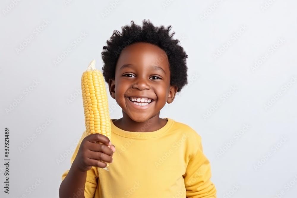 Happiness African Boy Holds And Eats Corn On The Cob On White ...