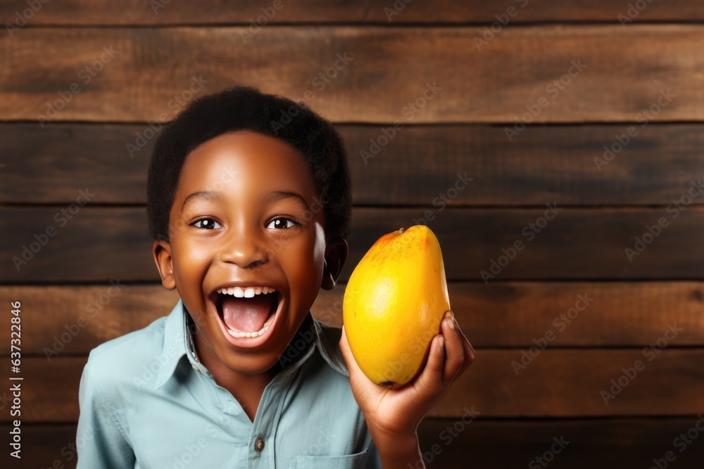 Surprise African Boy Holds And Eats Mango On Wooden Plank Background ...