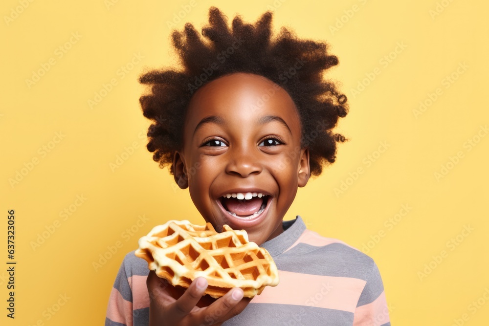 Surprise African Boy Holds And Eats Waffles On Pastel Background ...