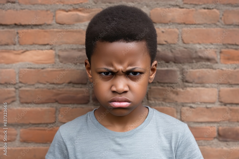 Anger African Boy In A Gray Tshirt On Brick Wall Background . Сoncept ...
