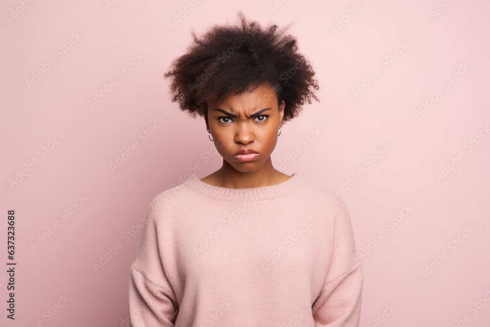 Anger African Girl In A Black Cardigan On Pastel Background . Сoncept ...