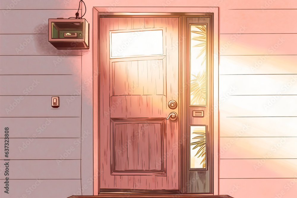 Inviting illustration of slightly ajar home door, with peaceful pastel ...