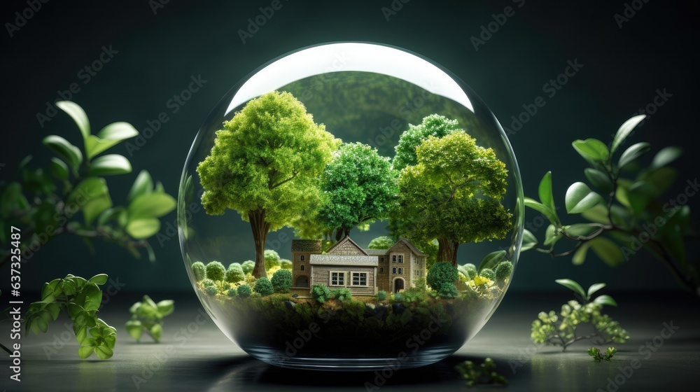 Miniature, Glass sphere, Village, House, Green trees, Plants, Nature ...