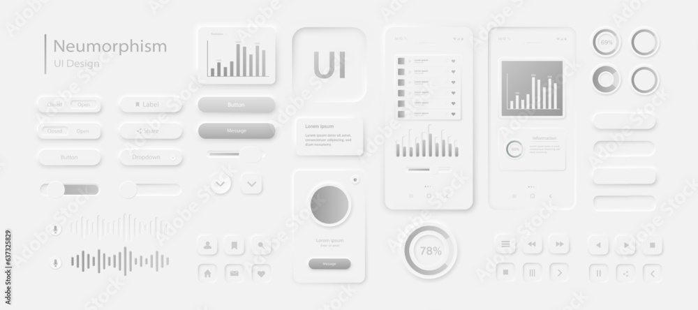 A set of user interface elements for a mobile application in white gray ...