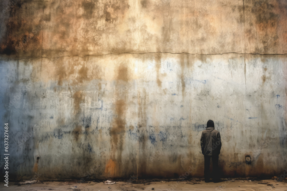 Poignant image of solitary figure against a derogatory graffiti wall ...