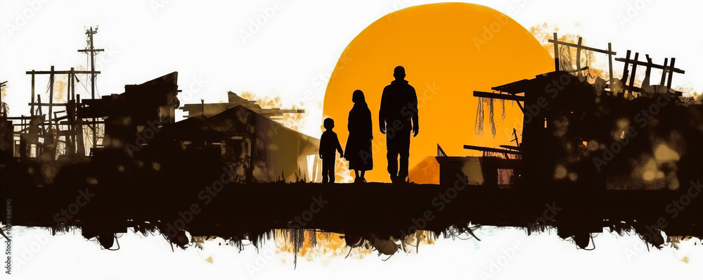 Poignant silhouette of an underprivileged family against a white ...
