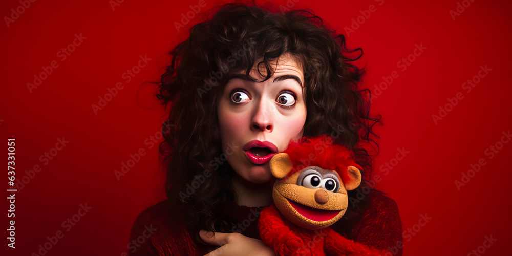 Engaging young woman with expressive sock puppet on striking crimson ...