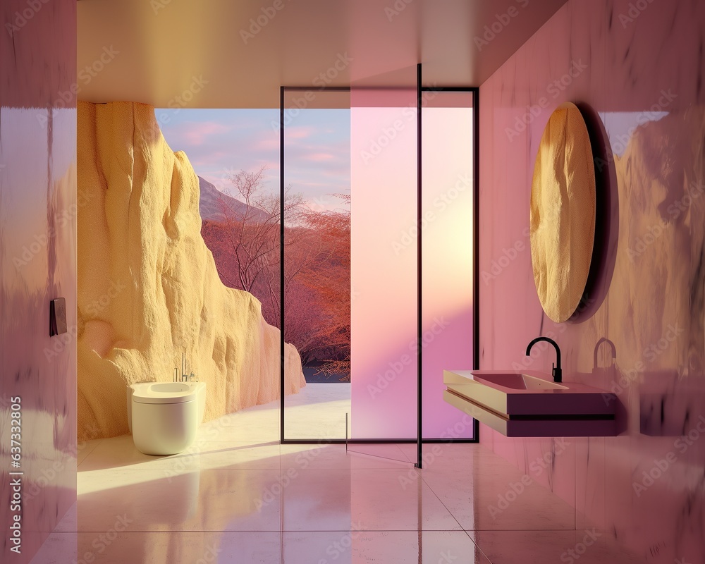 A bathroom illuminated by the sun's rays, where artful reflections of ...