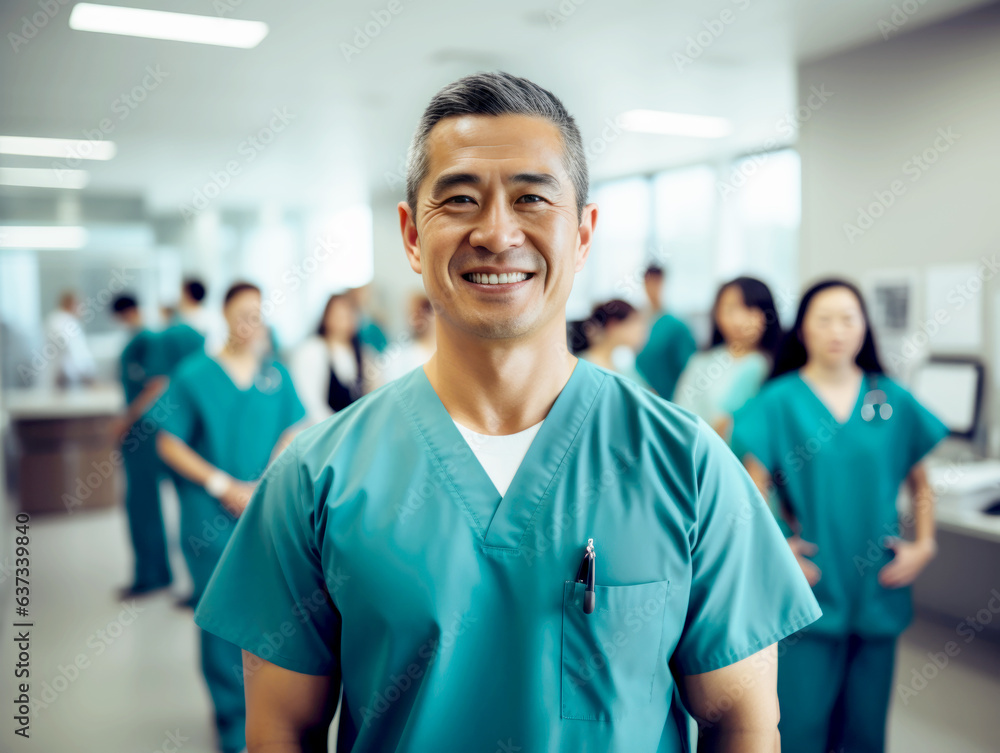 A portrait of a handsome and positive millennial Asian male doctor in a ...