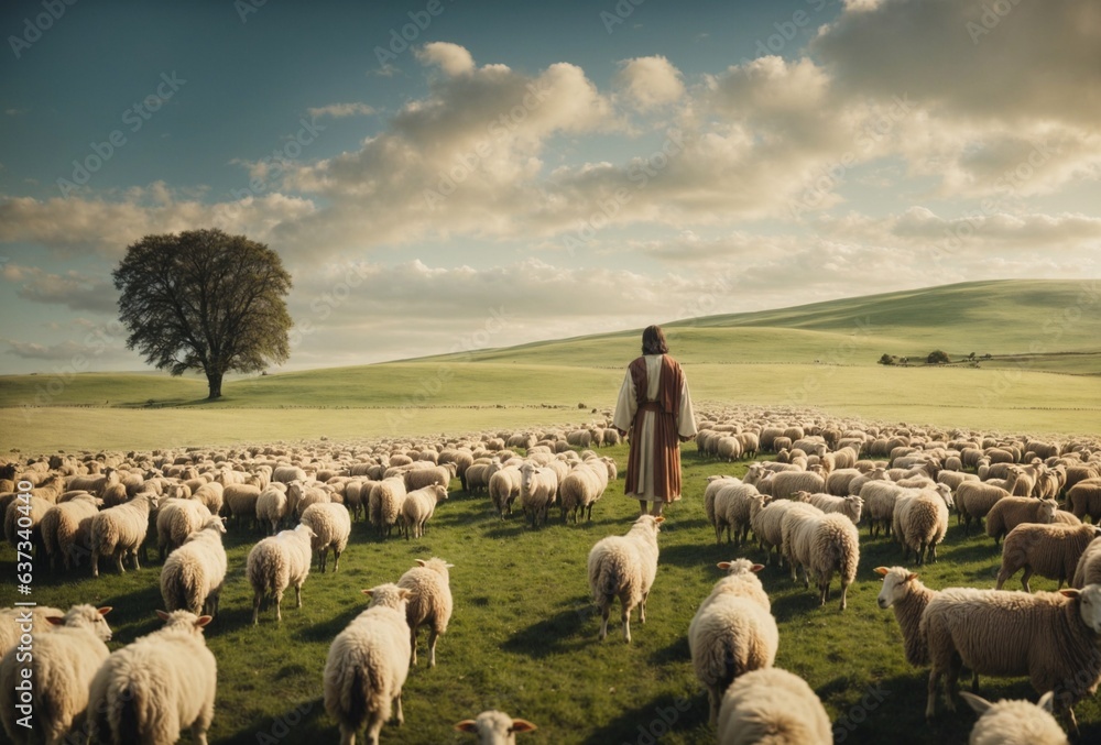 The Good Shepherd Jesus Christ leading the sheep in the field, God ...