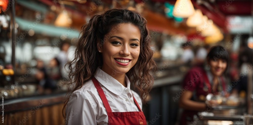 Beautiful young waitress with curly hair smiling, wearing white shirt ...