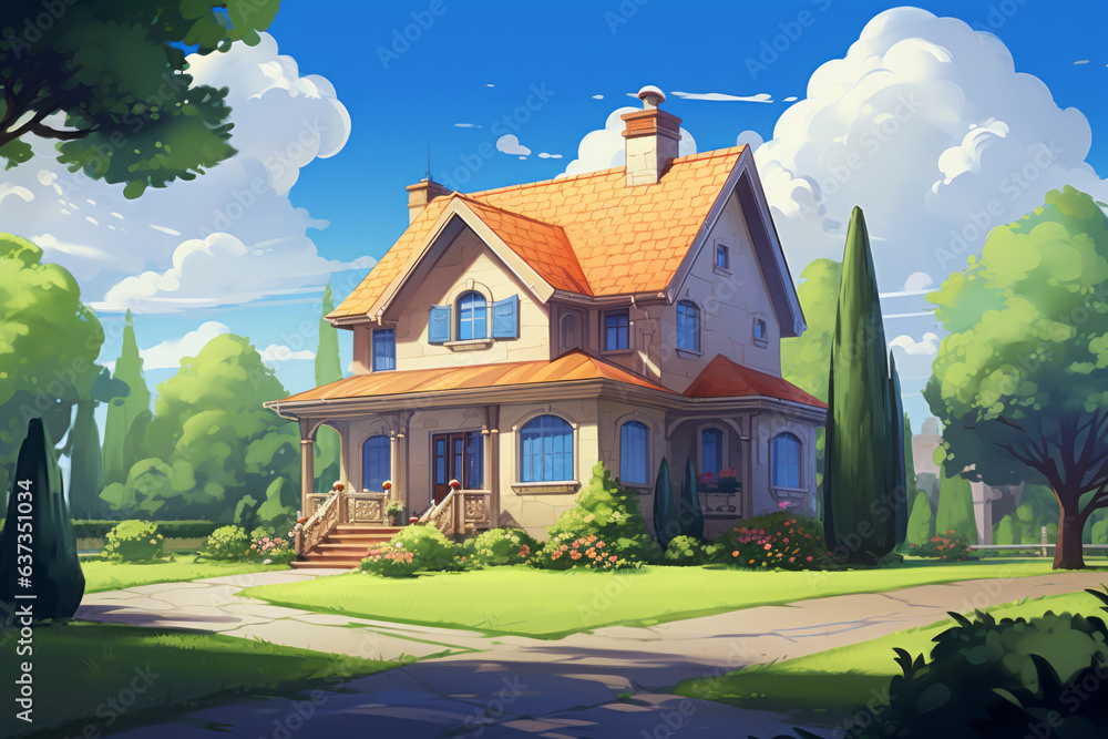 Cottage house in cartoon style illustration in a peaceful summer ...