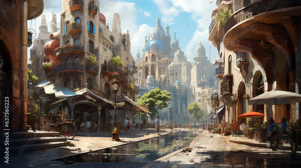 Radiant Urban Mirage, Sunlit Cityscape with Glistening Streets filled ...