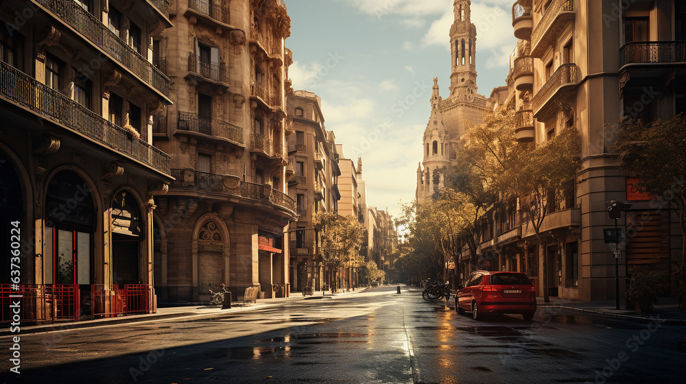 Radiant Urban Mirage, Sunlit Cityscape with Glistening Streets, a ...