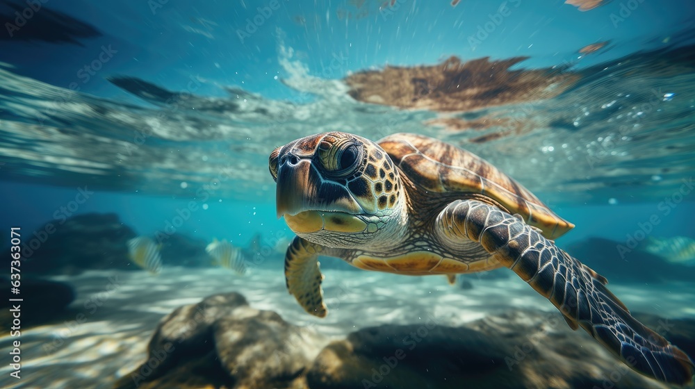Cute sea turtle in blue water of tropical sea. Green turtle underwater ...