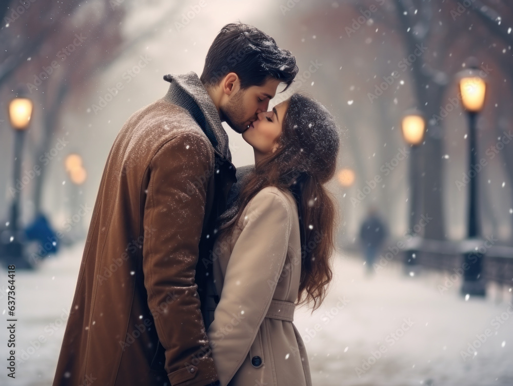 Couple in romantic moment kissing during snowfall Stock-Foto | Adobe Stock