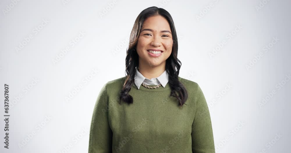 School teacher, woman and face isolated by white background in studio ...