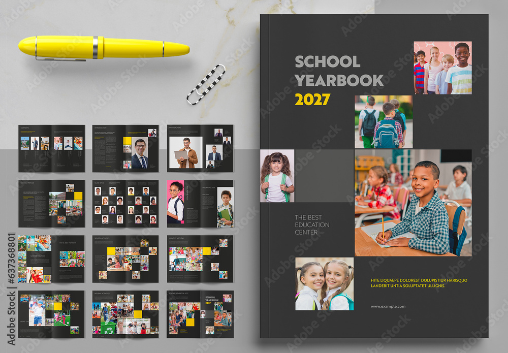 School Yearbook Layout with Yellow Accents Stock Template | Adobe Stock