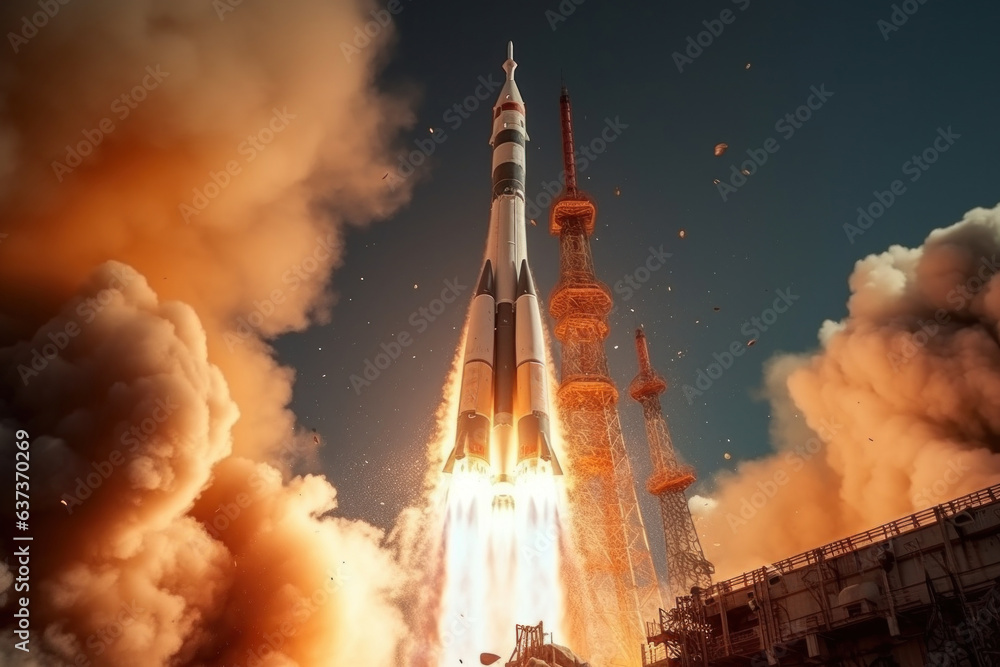 soyuz space launch vehicle launches from Baikonur Cosmodrome, view from ...