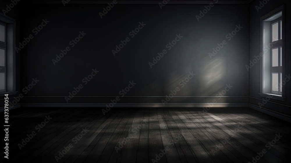 Empty dark room with a window, moonlight through the window, shadows ...