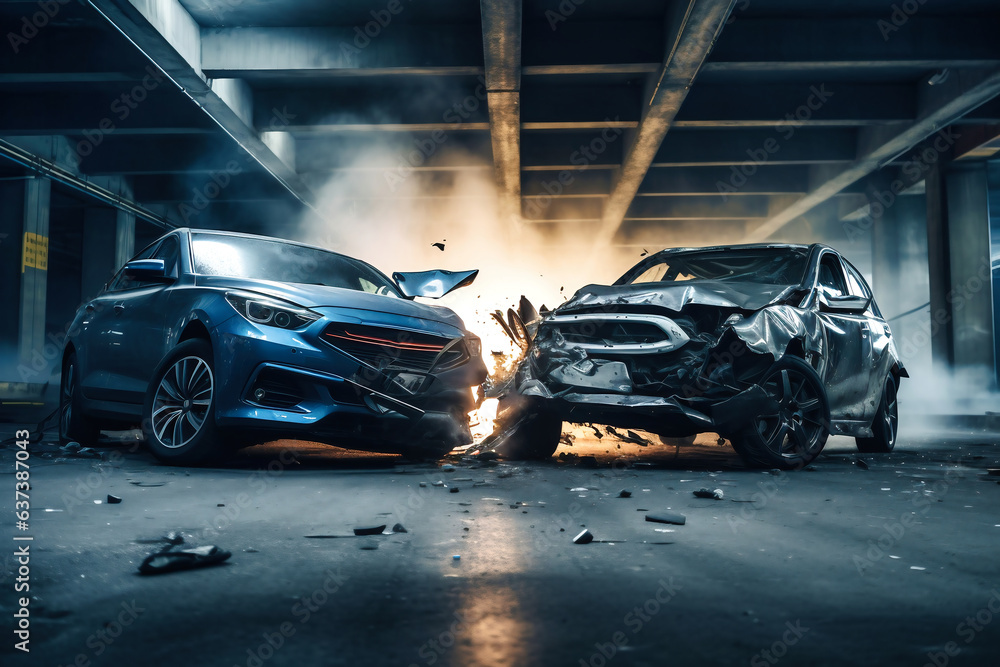 Car accident of two cars, collision of cars. Two cars are damaged after a head-on collision, a ...