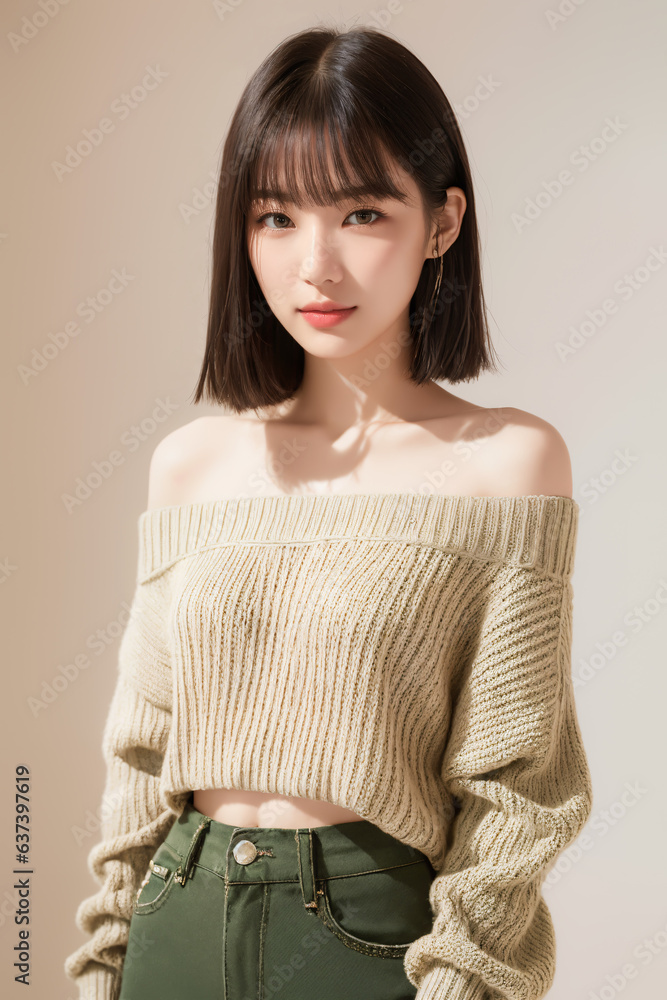 Portrait of a young model straight platinum hair in a blunt one-length ...
