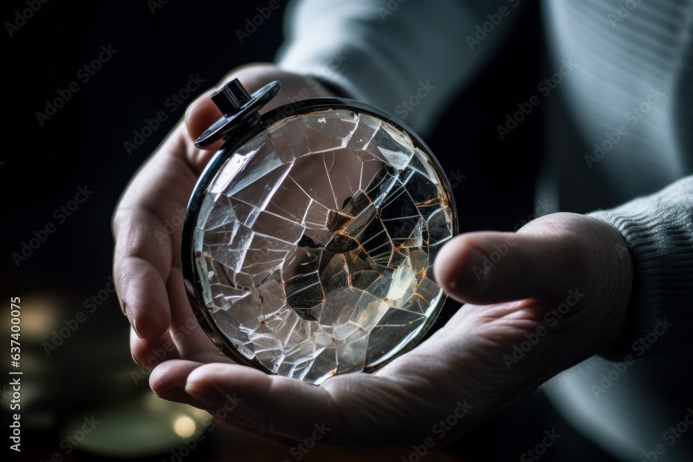 Photo of a person holding a broken glass object in their hands Stock ...