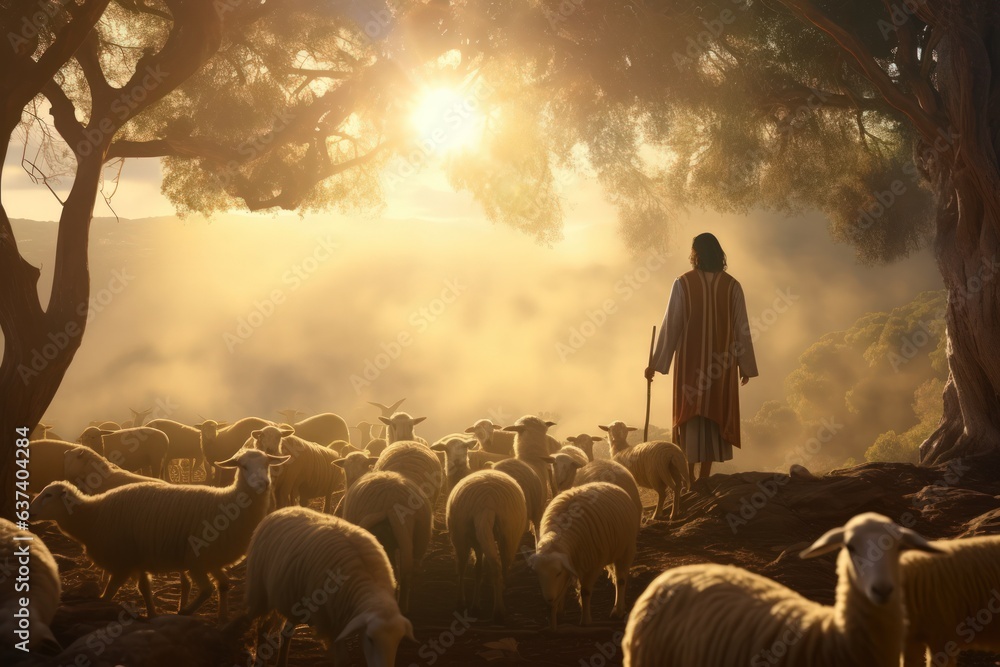 Jesus Christ with Lamb at Sunset, shepherd, God ray, Generative AI ...