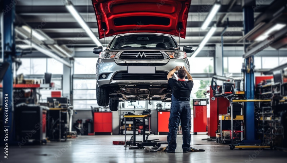 Mechanic repairing a car on a lift in a car repair shop Stock Photo ...