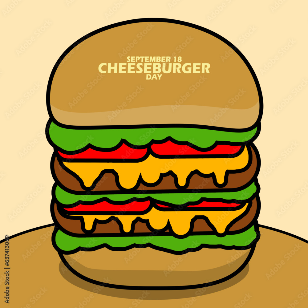 A big cheeseburger on brown table, with bold text on light brown ...