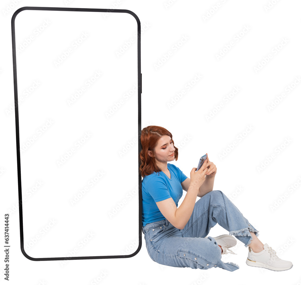 Big huge mobile phone, full body young red bob hair caucasian woman sit ...