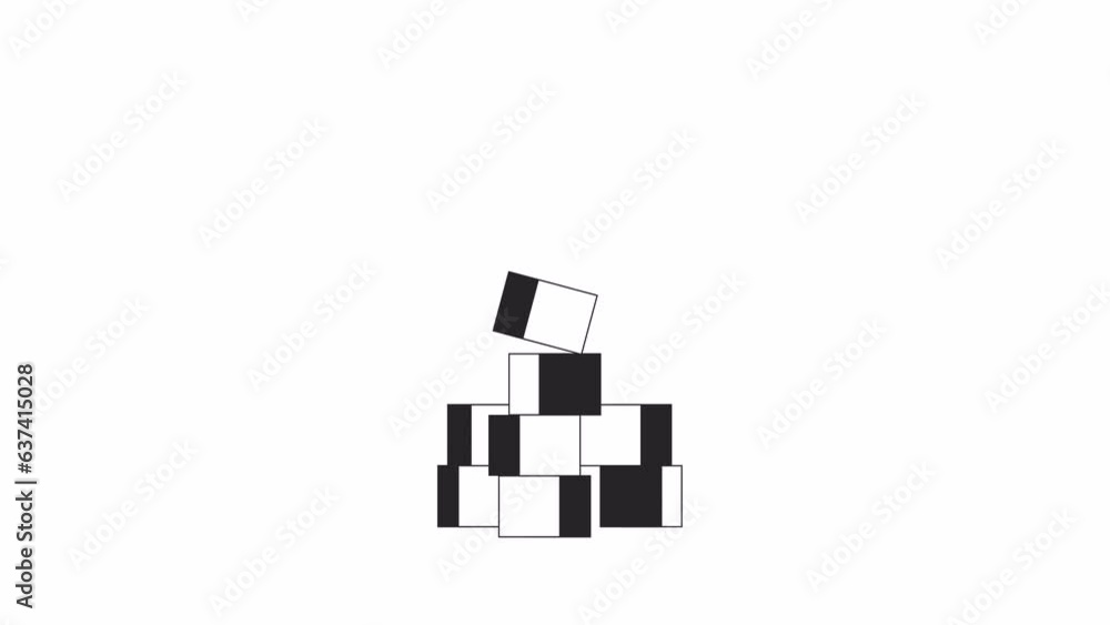 Wooden building blocks bw 2D object animation. Cubes tower outline ...