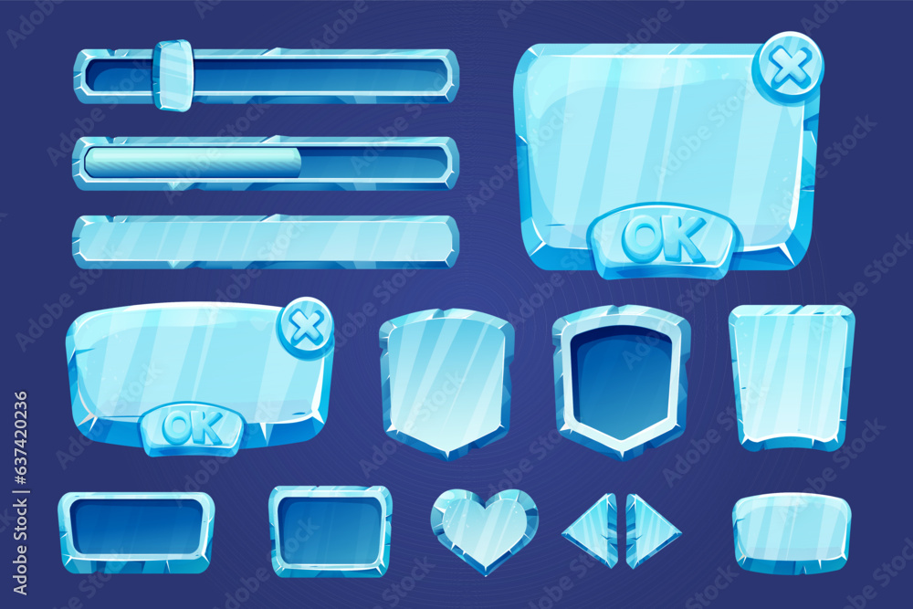 Set game menu assets ice buttons, interface elements 2d in cartoon ... Set game menu assets ice buttons, interface elements 2d in cartoon ...