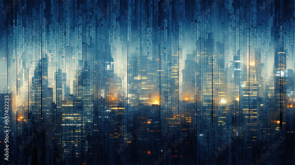 Abstract city skyline through rain-streaked glass, overlaid by a ...