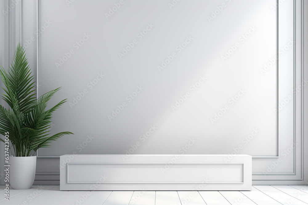 White rectangular platform pedestal podium and potted plant near white ...