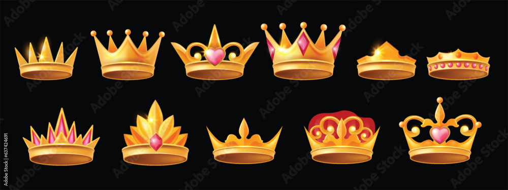 Golden princess crown set, game UI vector queen tiara kit, vintage ...