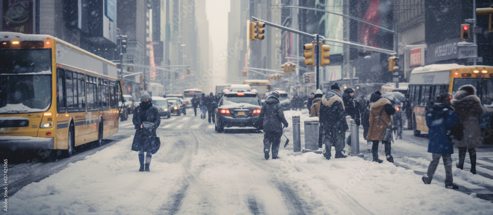 timelapse of busy urban downtown snow winter city crowd people commuter ...