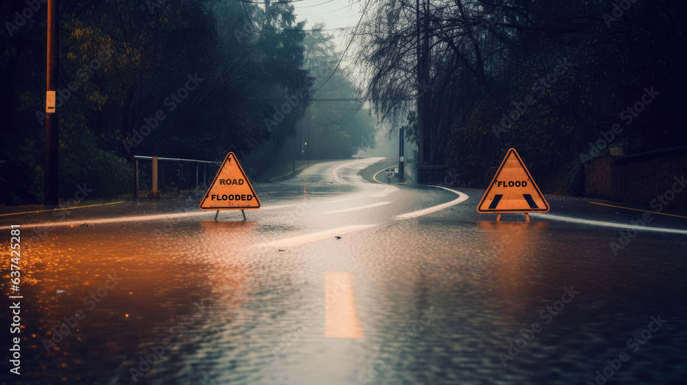 Flood road signs. Road flooding, heavy rain and storm. Large flood ...