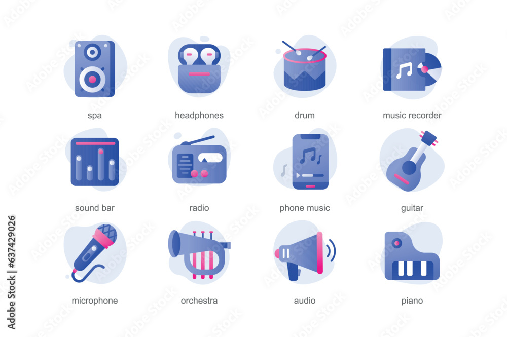 Music icons in a flat cartoon design with blue colors. Cartoon small ...