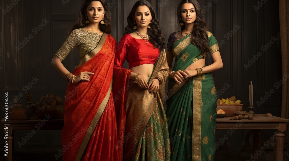 Beautiful Indian models in traditional Indian sarees. Stock Photo ...