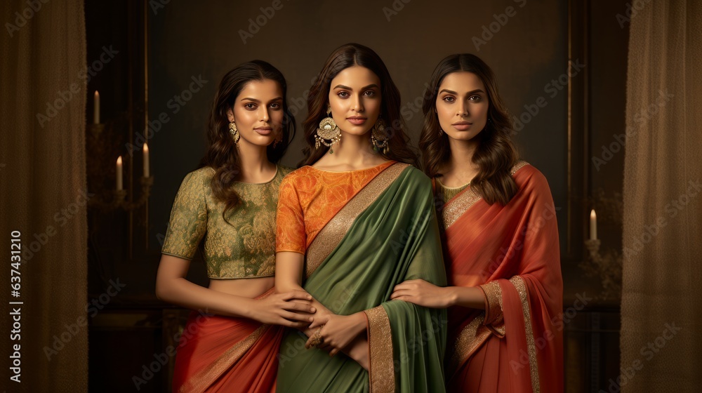 Beautiful Indian models in traditional Indian sarees. Stock Photo ...
