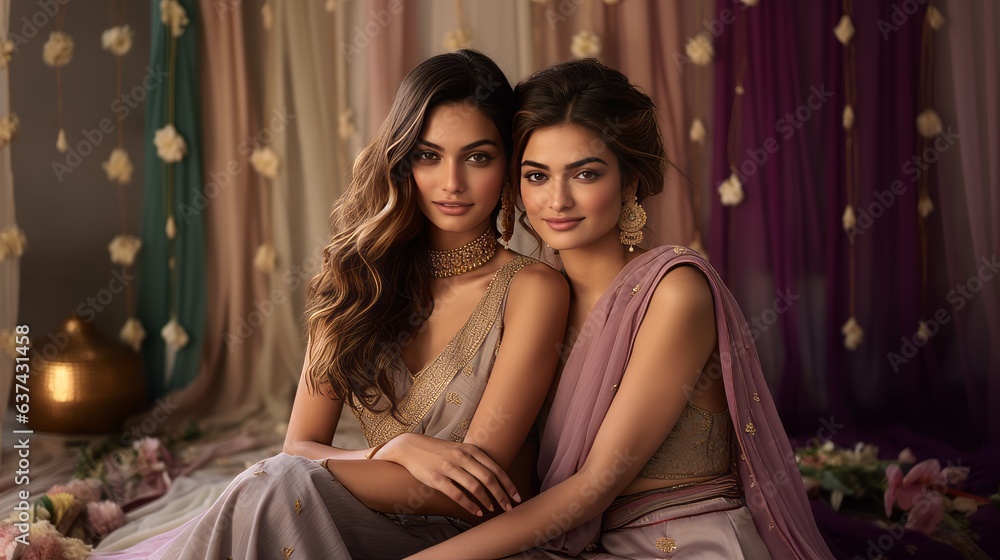 Beautiful Indian models in traditional Indian sarees. Stock Photo ...