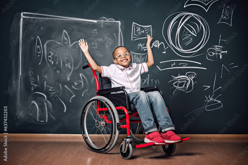 A joyful schoolboy in a wheelchair excels in a supportive classroom ...
