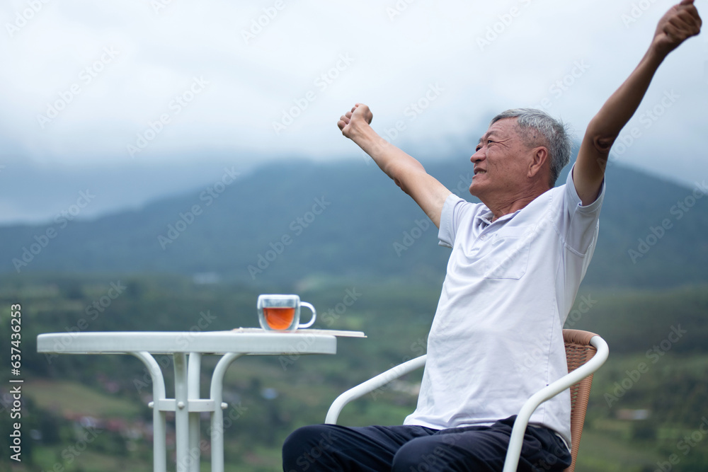 Asian old man who is happy and raises his hands while breathing fresh ...
