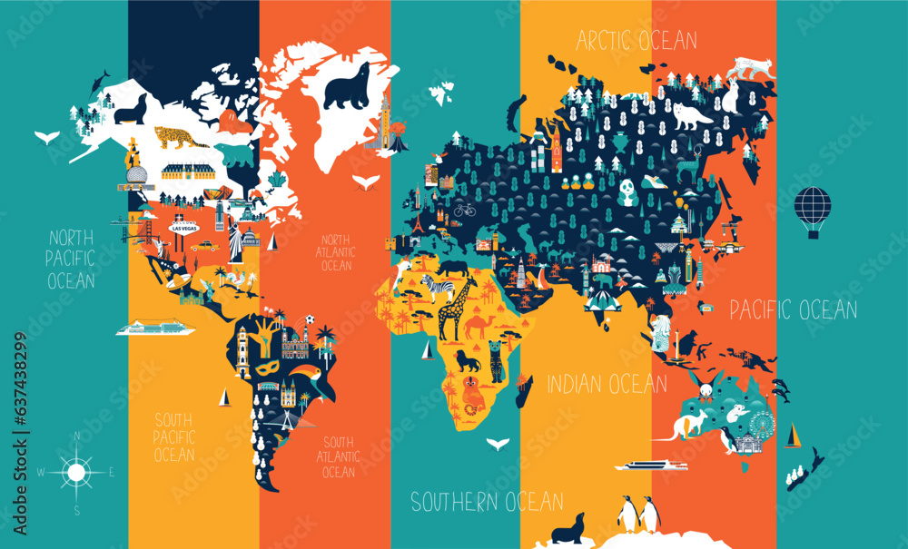 Colored world map with cartoon animals and iconic buildings. Political ...