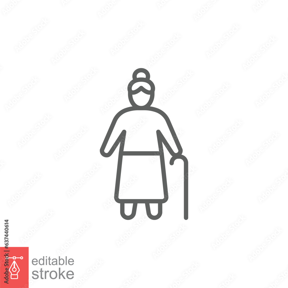 Old woman icon. Simple outline style. Person with cane, stick, elder ...