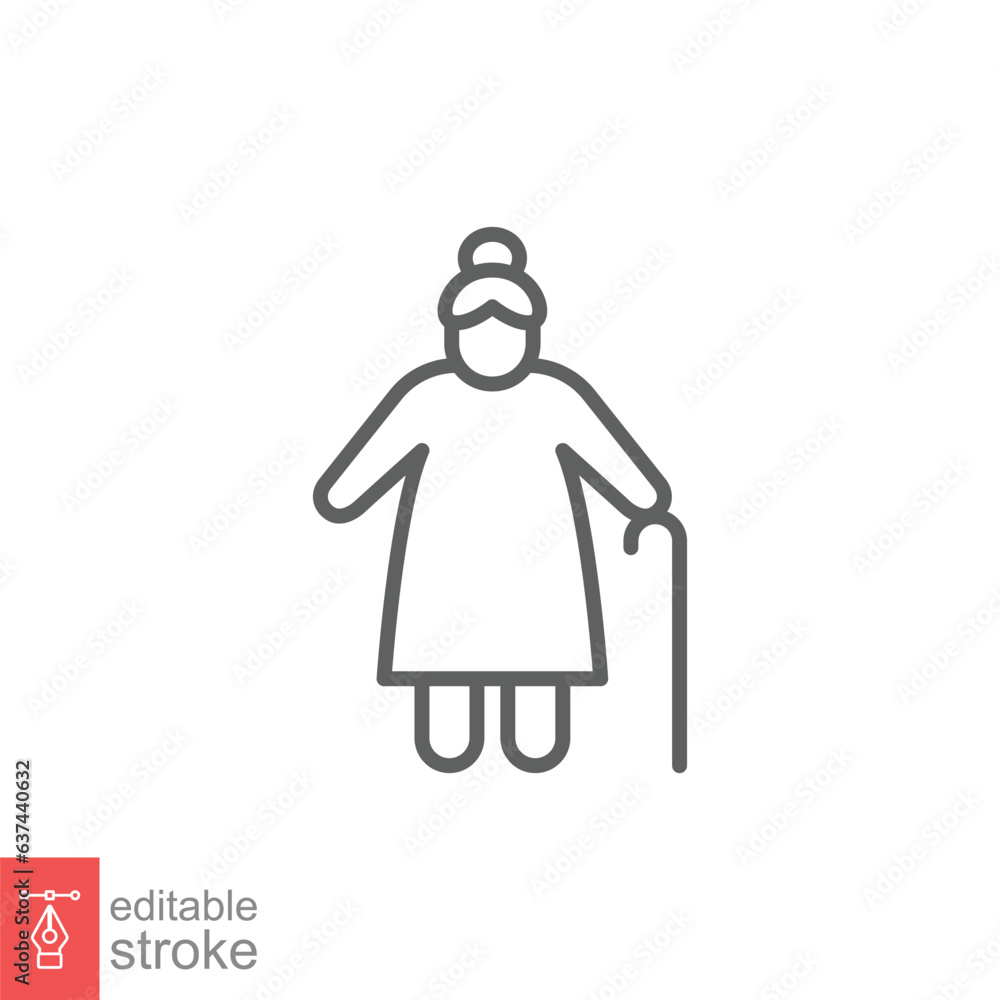 Old woman icon. Simple outline style. Person with cane, stick, elder ...